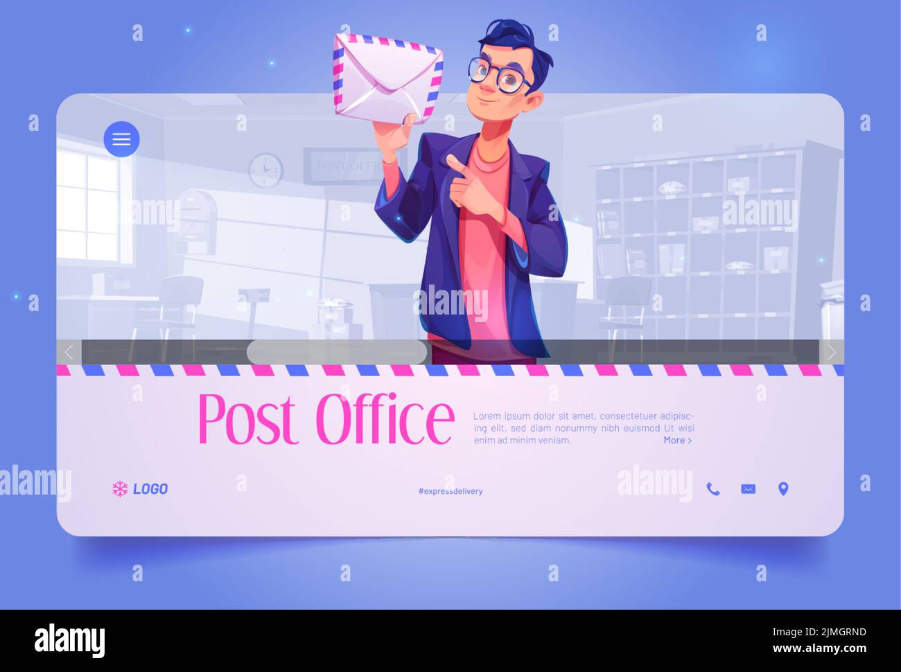 Post office banner with man worker with letter, parcels on shelves ...