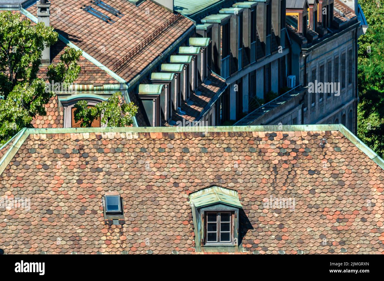 Aerial view of architectural details in the old town of Geneva ...