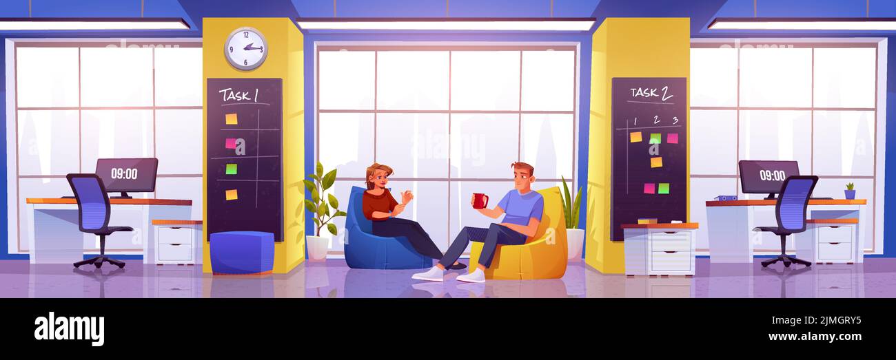 Office interior with people rest in lounge area and empty work desks ...