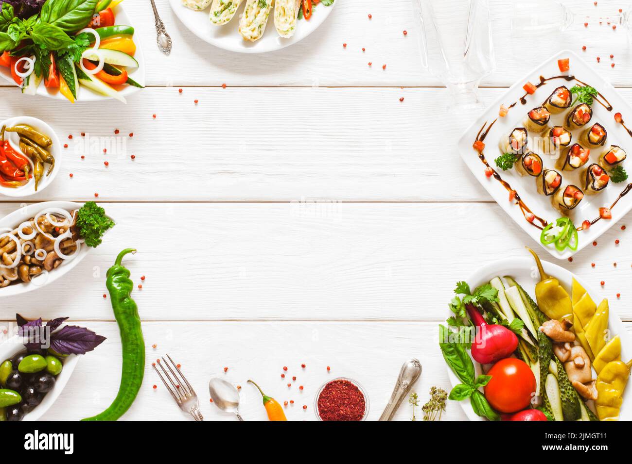 food buffet top view party catering white table Stock Photo - Alamy