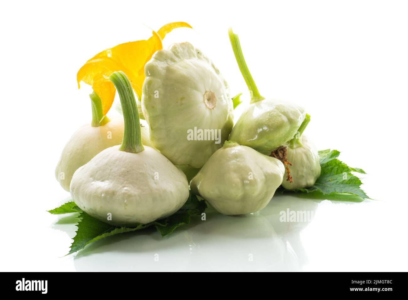 fresh organic squash with flowers and foliage isolated on white ...