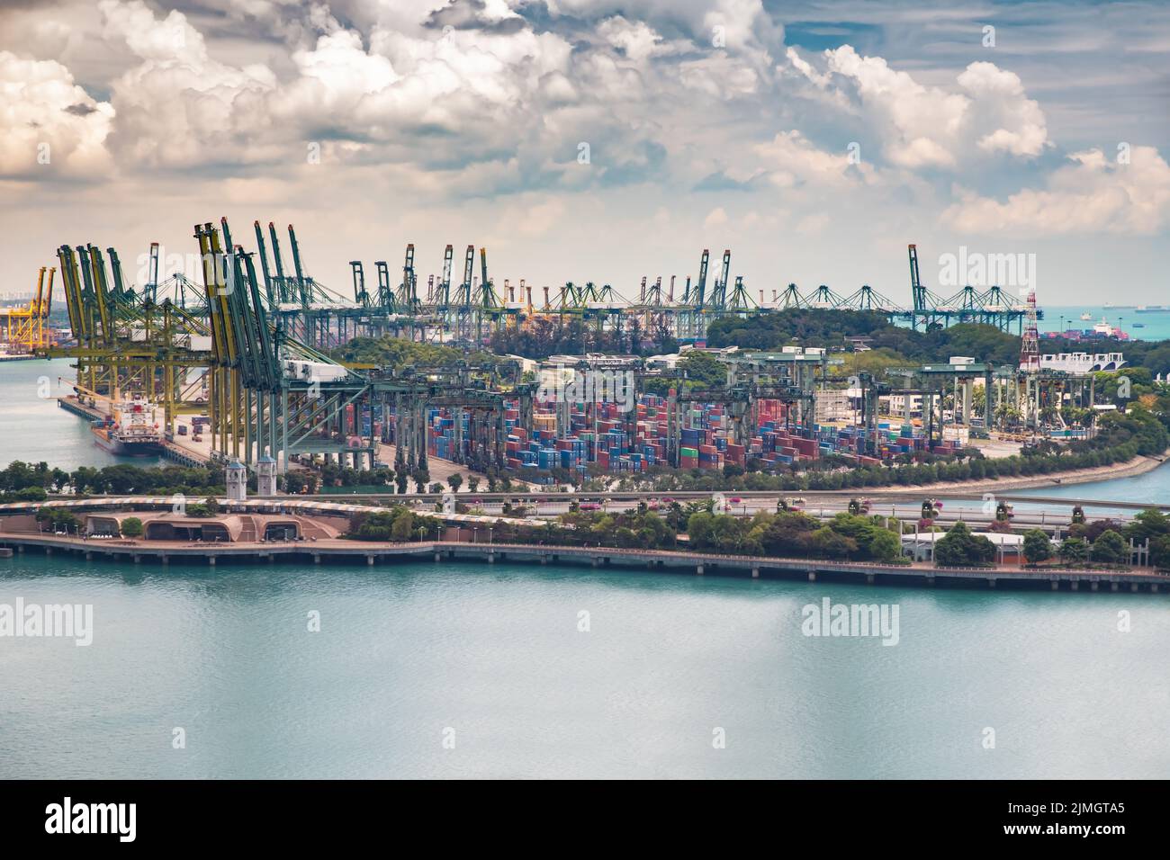 The huge busiest logistic port in Singapore, plenty of cranes to move ...