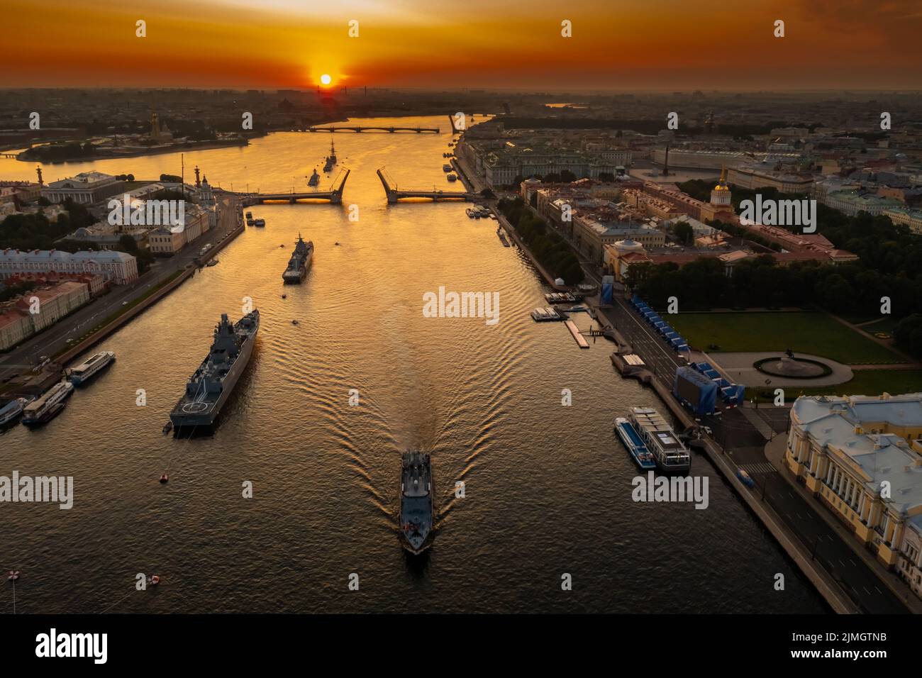 Aerial landscape with warships in the Neva River before the holiday of ...