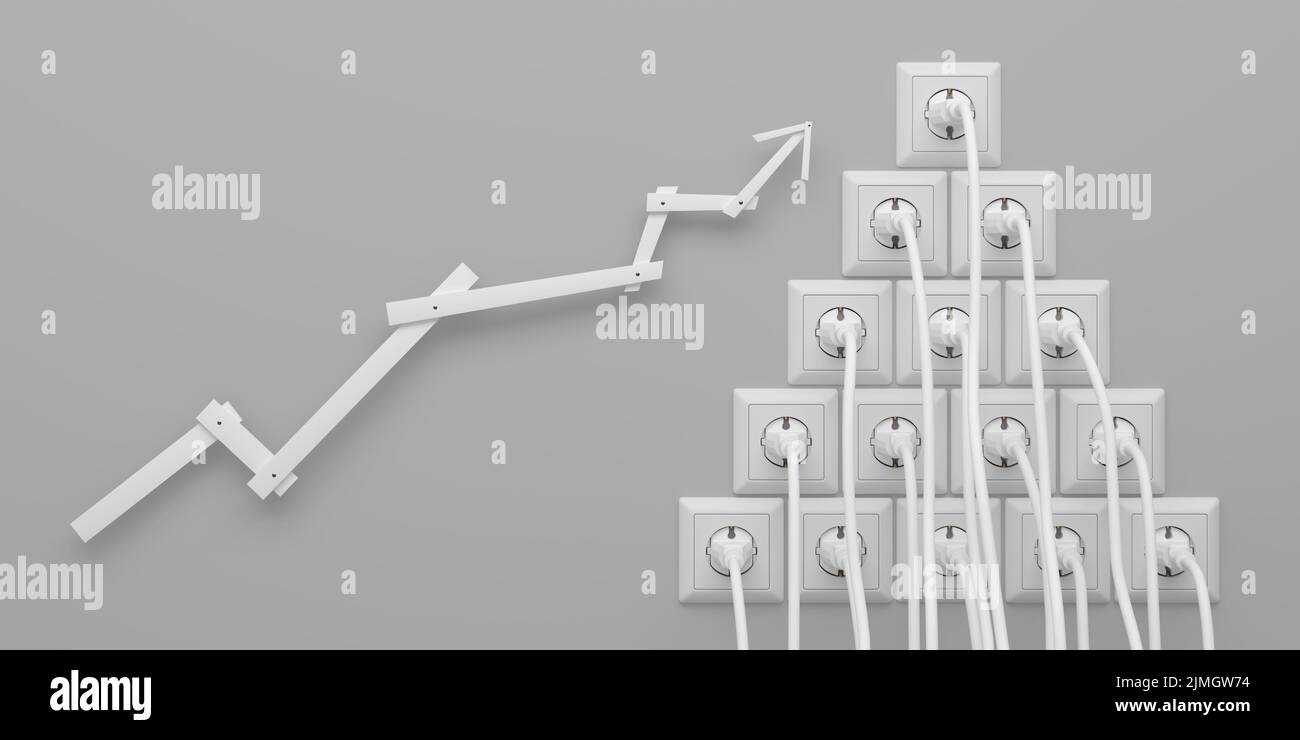 Power plugs with rising arrow in front of background - 3D Illustration ...