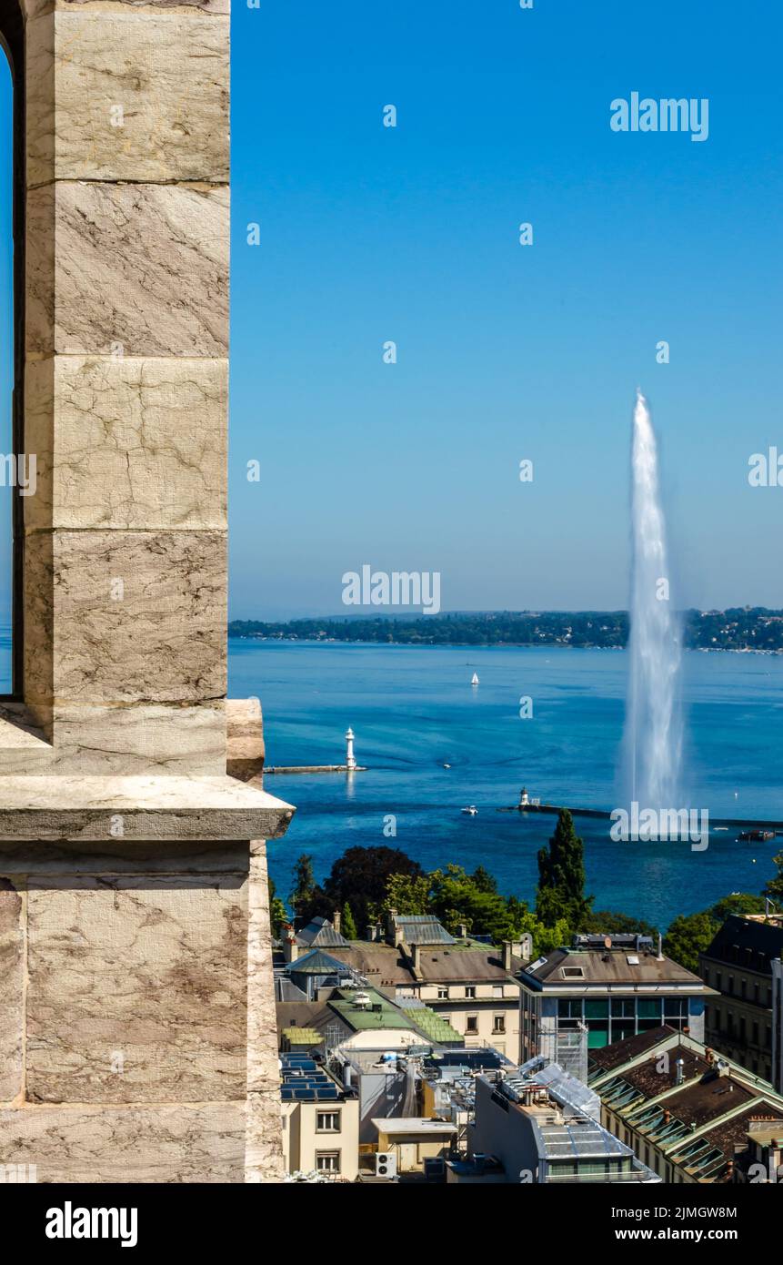 The Jet d'Eau, a large fountain in Geneva, Switzerland, one of the city ...