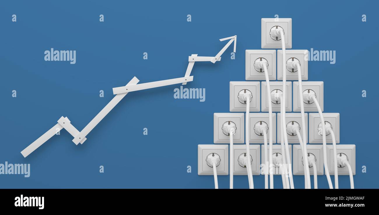 Power plugs with rising arrow in front of background - 3D Illustration ...
