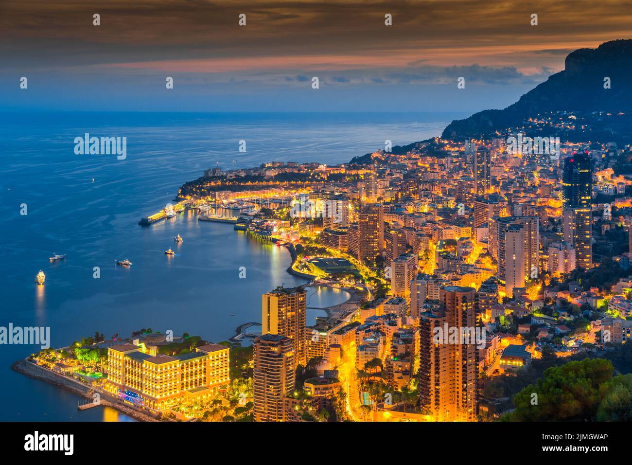 Aerial view of Monaco - Monte-Carlo at dusk, cityscape with night ...