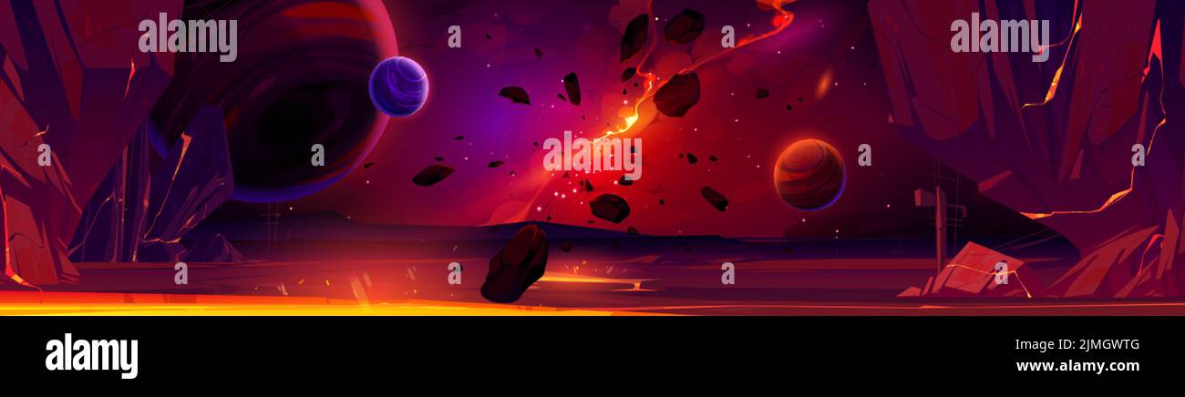 Cartoon red space background with glowing galaxy nebula and flying ...