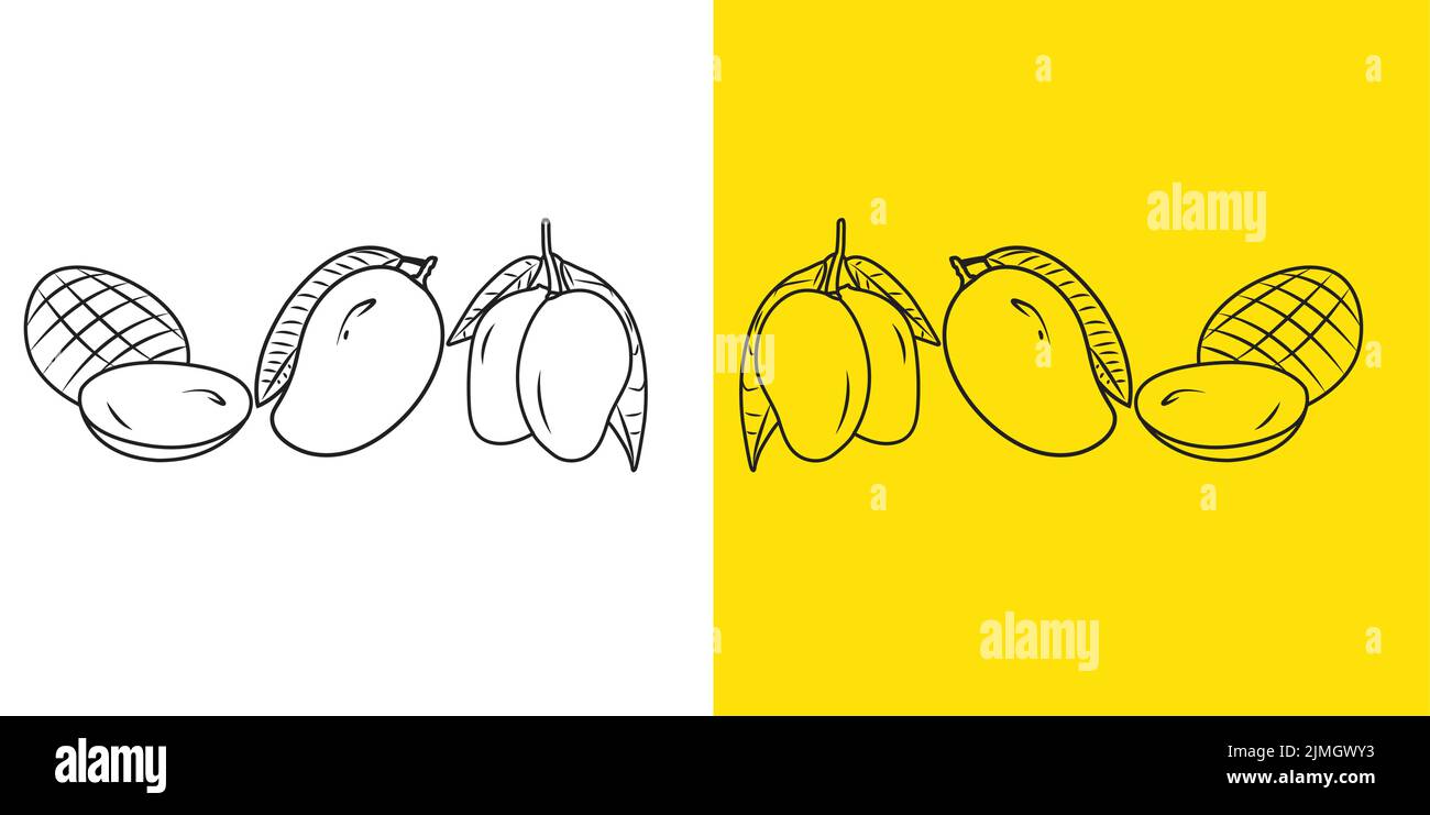 Yellow mango doodle background. Exotic isolated fruits doodle icon ...
