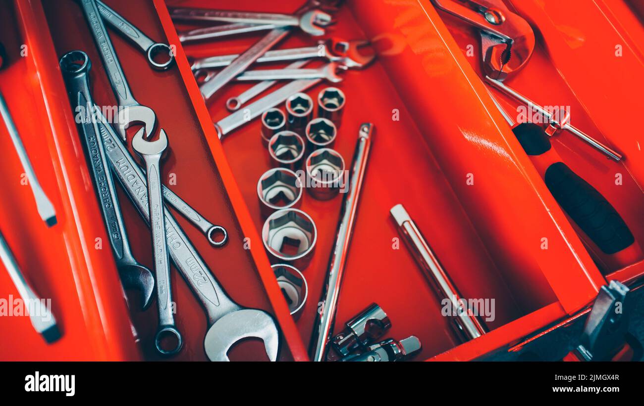 mechanic workshop toolbox wrench instruments Stock Photo - Alamy