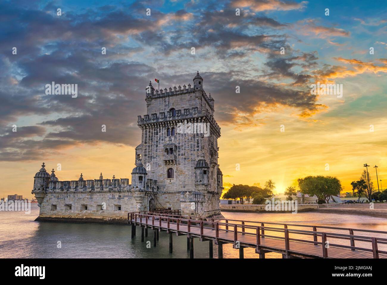 Lisbon Portugal sunset city skyline at Belem Tower and Tagus River ...