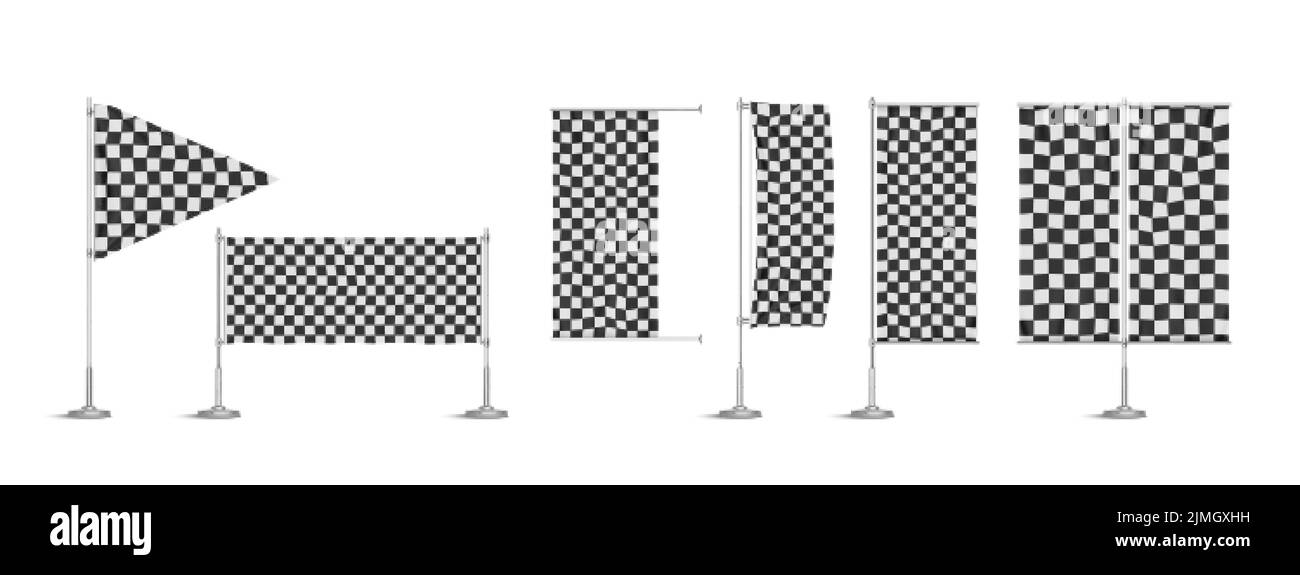 Racing flags, vinyl banners, black and white checkered signboards or ...