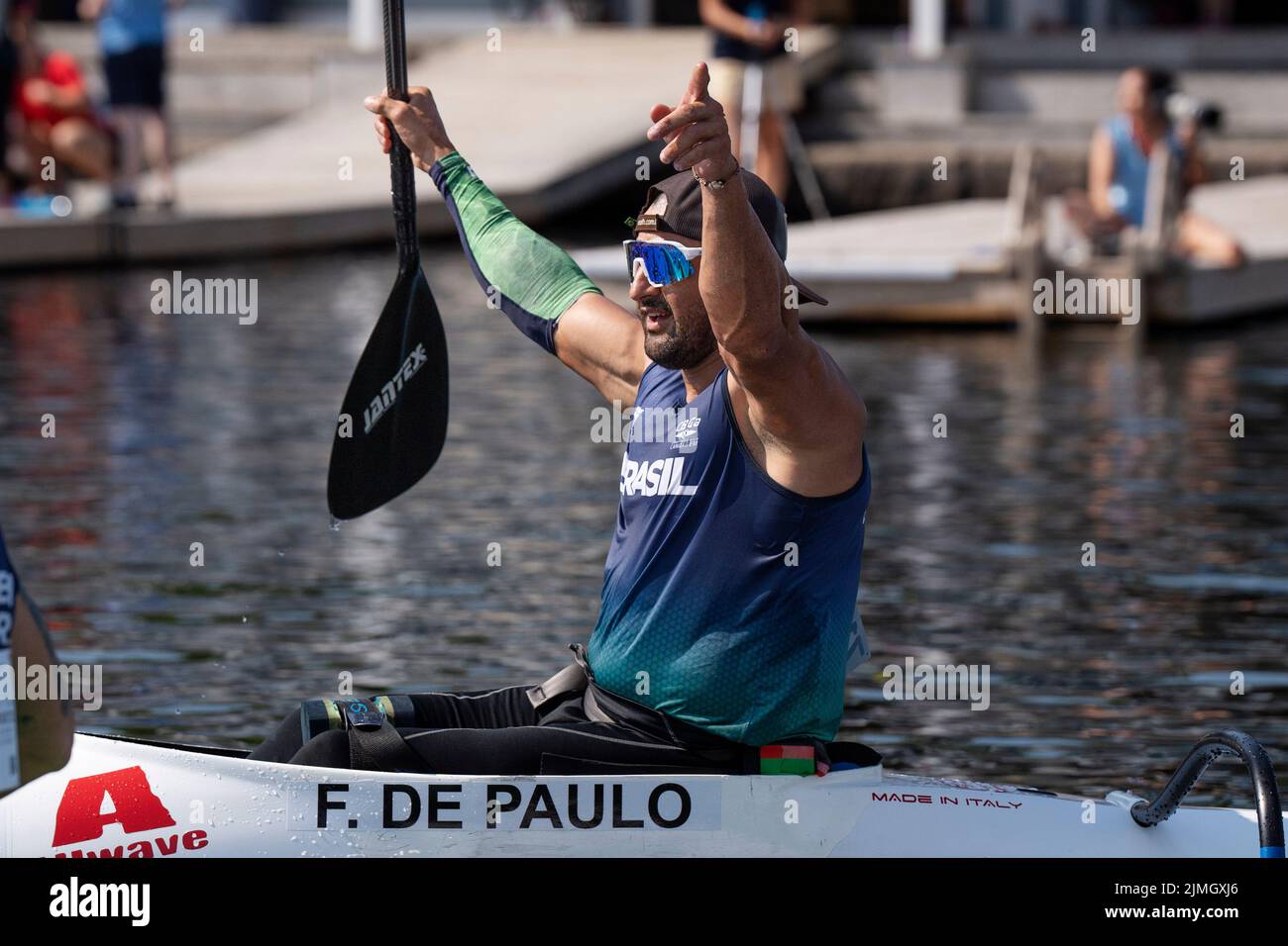 Fernando Rufino, of Brazil, reacts at the finish line after winning ...