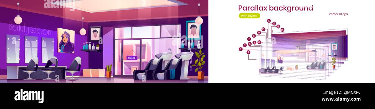 Modern hair salon with hairdresser chairs, sinks, mirrors and cosmetics ...