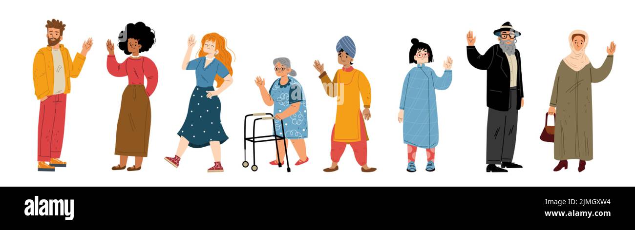 Diverse people say hello, greeting, waving hands. Multinational happy ...