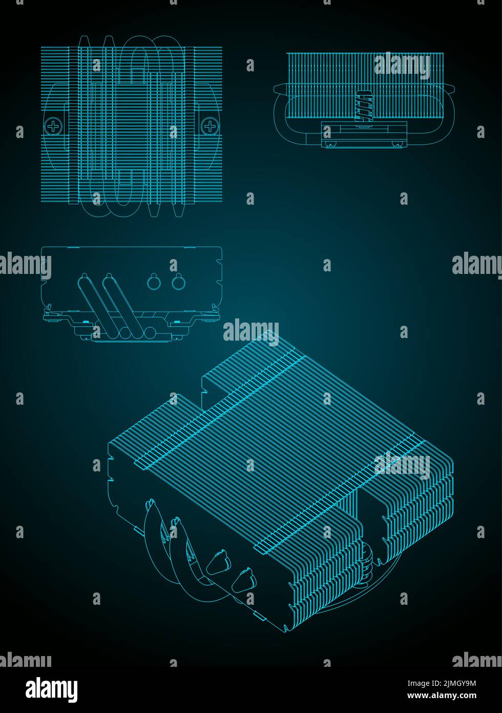 Stylized vector illustration of blueprints of CPU cooler heatsink Stock ...