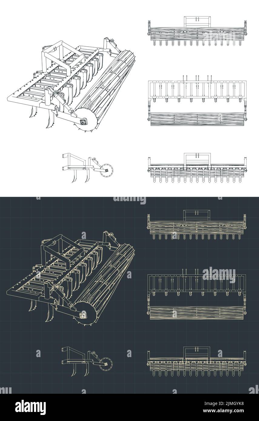 Stylized vector illustration of blueprints of cultivator with roller ...