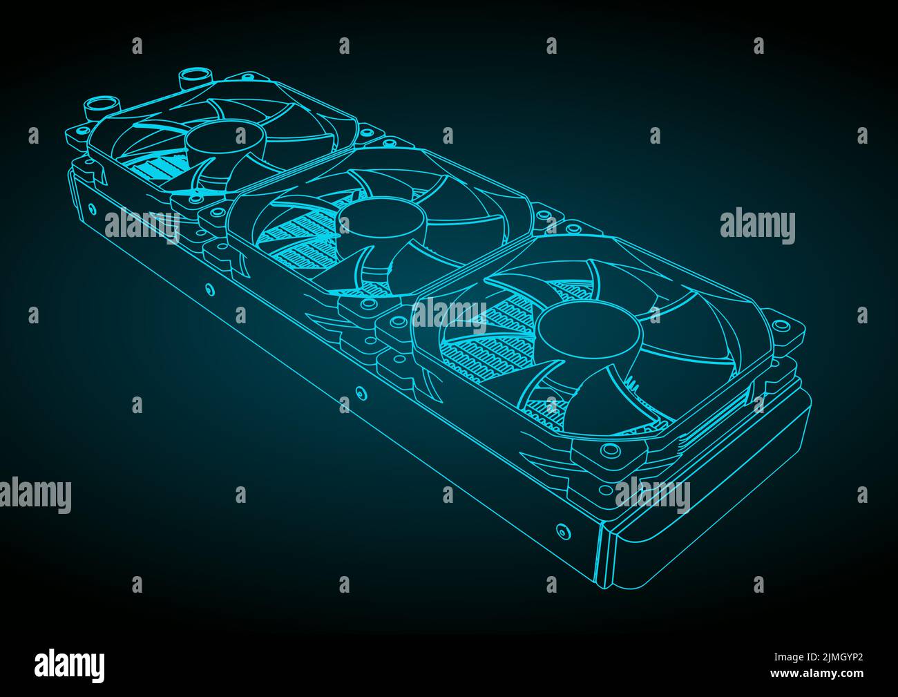 Stylized vector illustrations of three-section computer liquid cooling ...