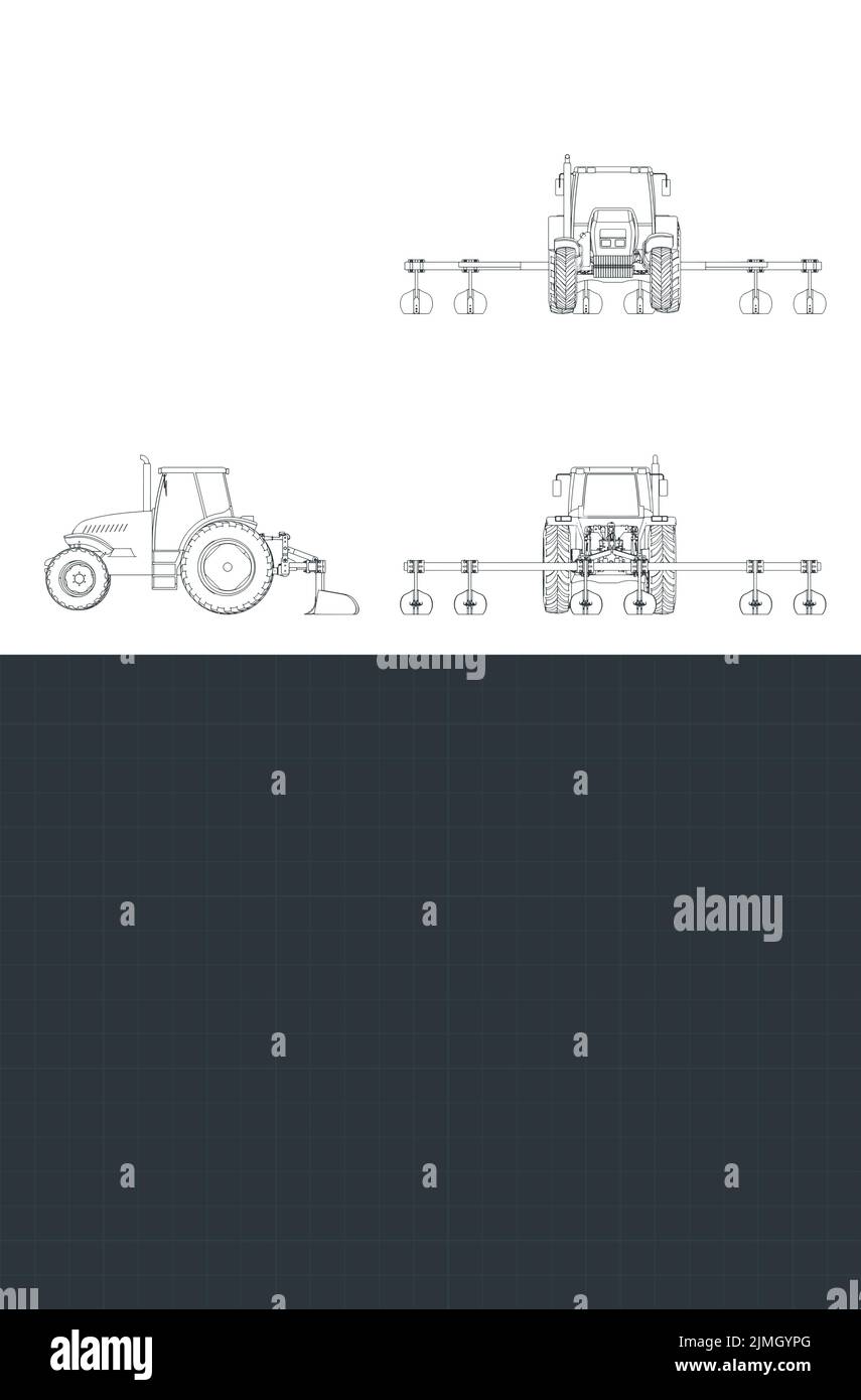 Stylized vector illustration of blueprints of tractor with plowing ...