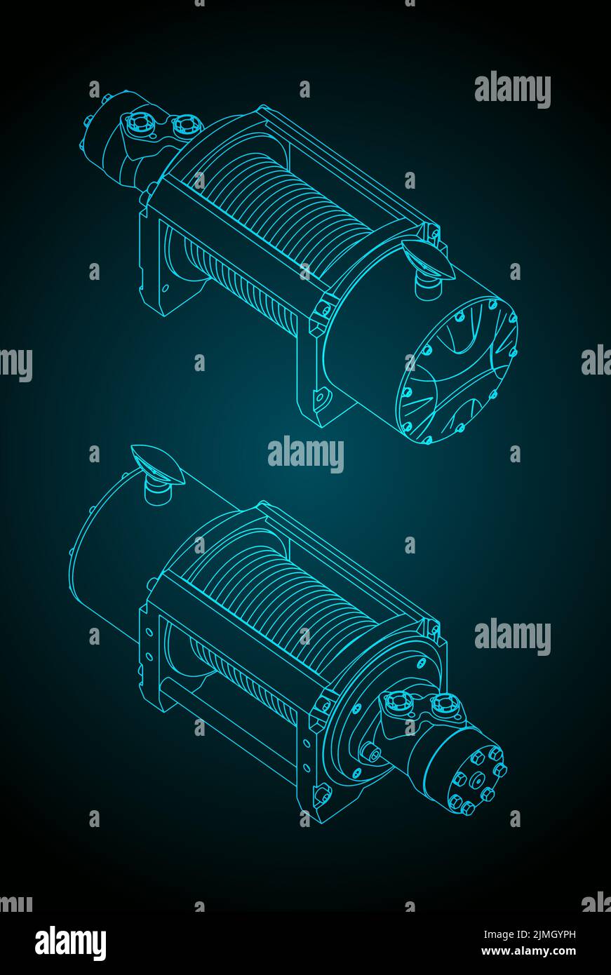 Stylized vector illustrations of isometric drawings of hydraulic winch ...