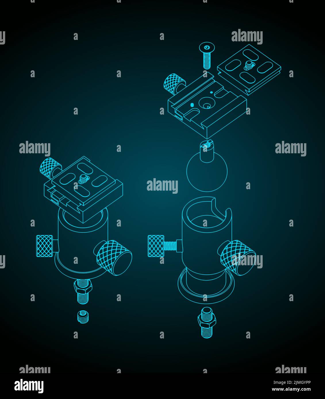 Stylized vector illustrations of isometric drawings of tripod ball head ...