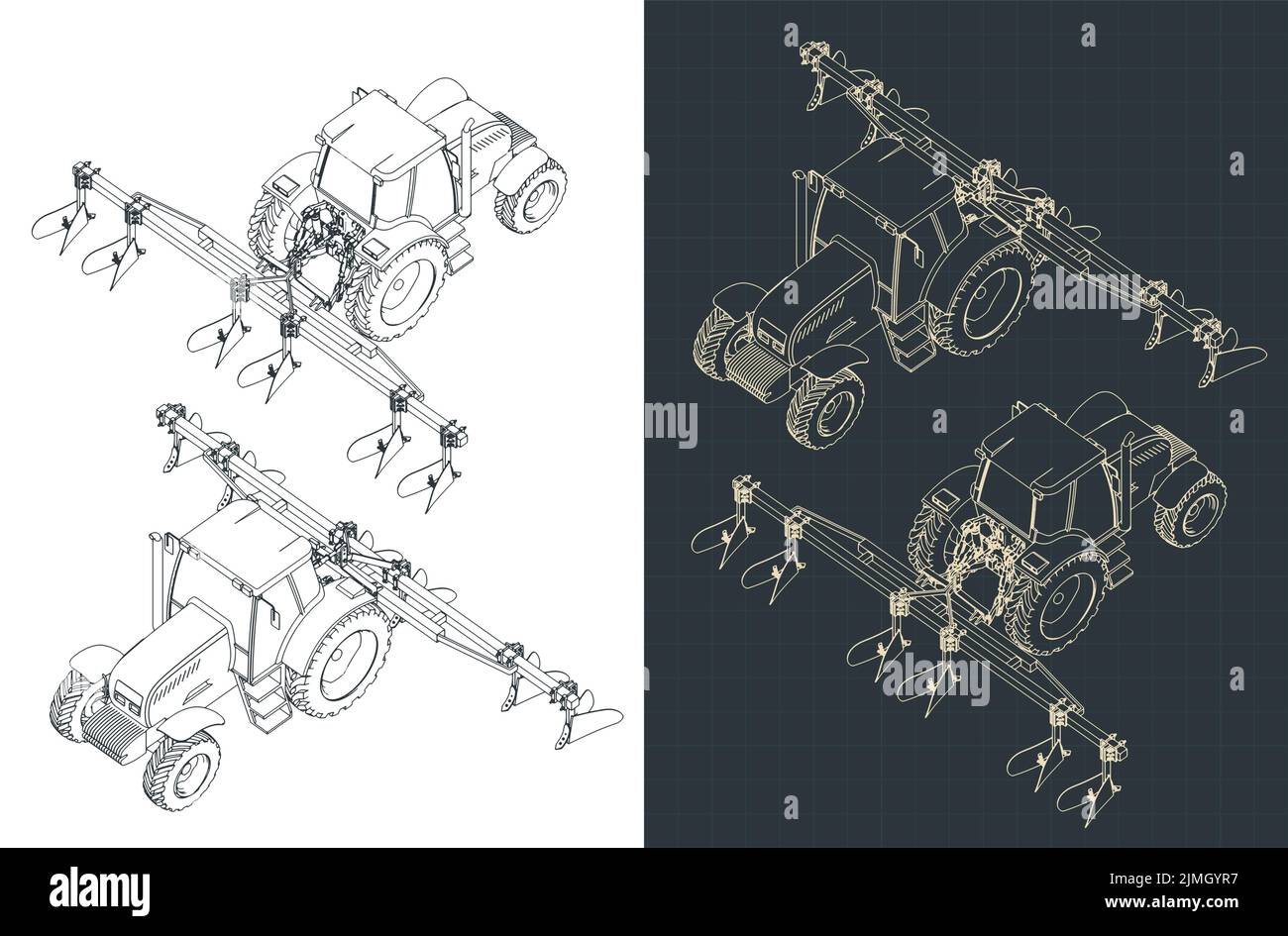 Stylized vector illustration isometric blueprints of tractor with ...