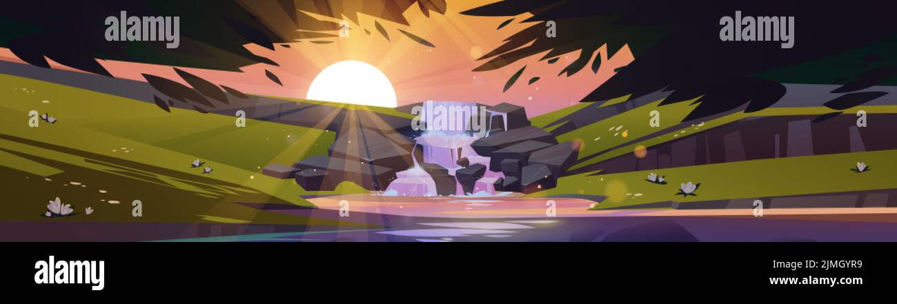 Waterfall cascade in forest at sunset time. Cartoon landscape with ...