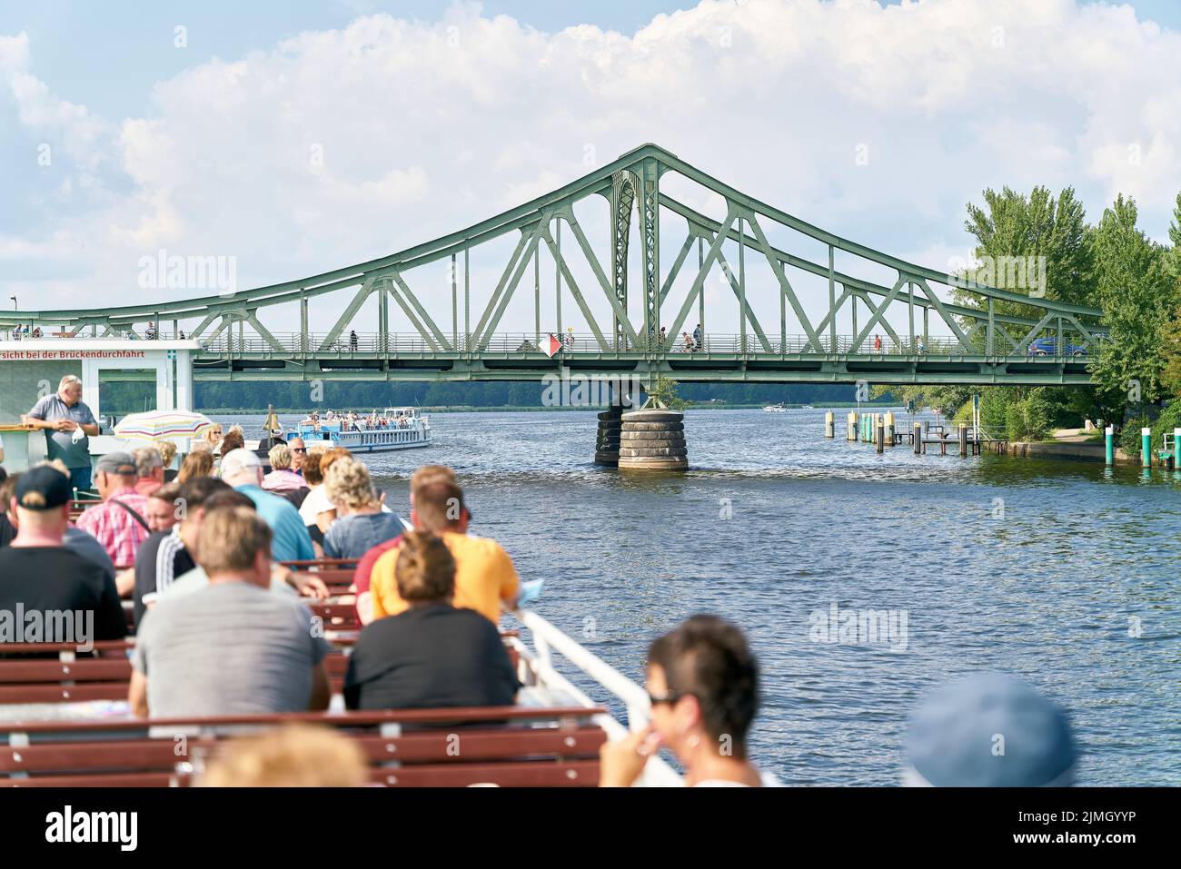 Excursion boat on the Havel River at Glienicke Bridge between Berlin ...