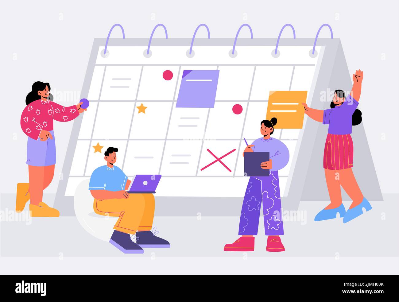 People organize work with calendar, agenda schedule. Vector flat ...