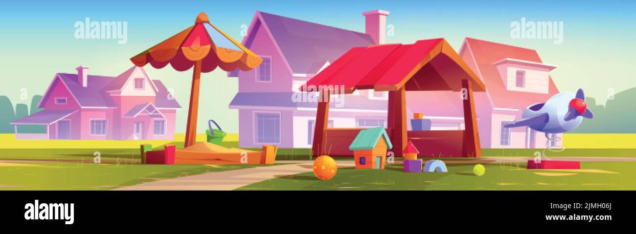 Kids playground at suburb with cottages, children area with sandbox ...