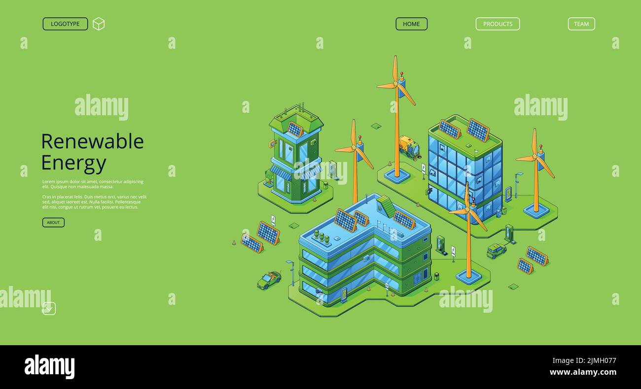 Renewable energy isometric landing page. Clean power, sources of green ...