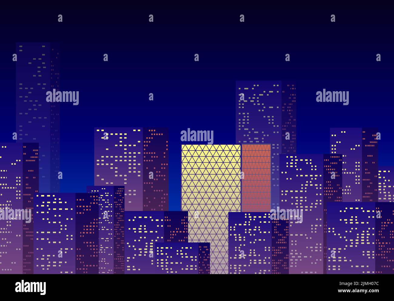 Neon night in the business city with skyscrapers. Purple highrise ...