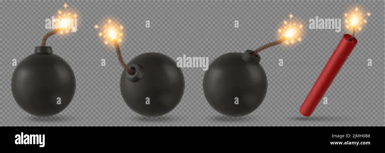 Bombs and dynamite stick with burning fuse. Explosive military tnt ...