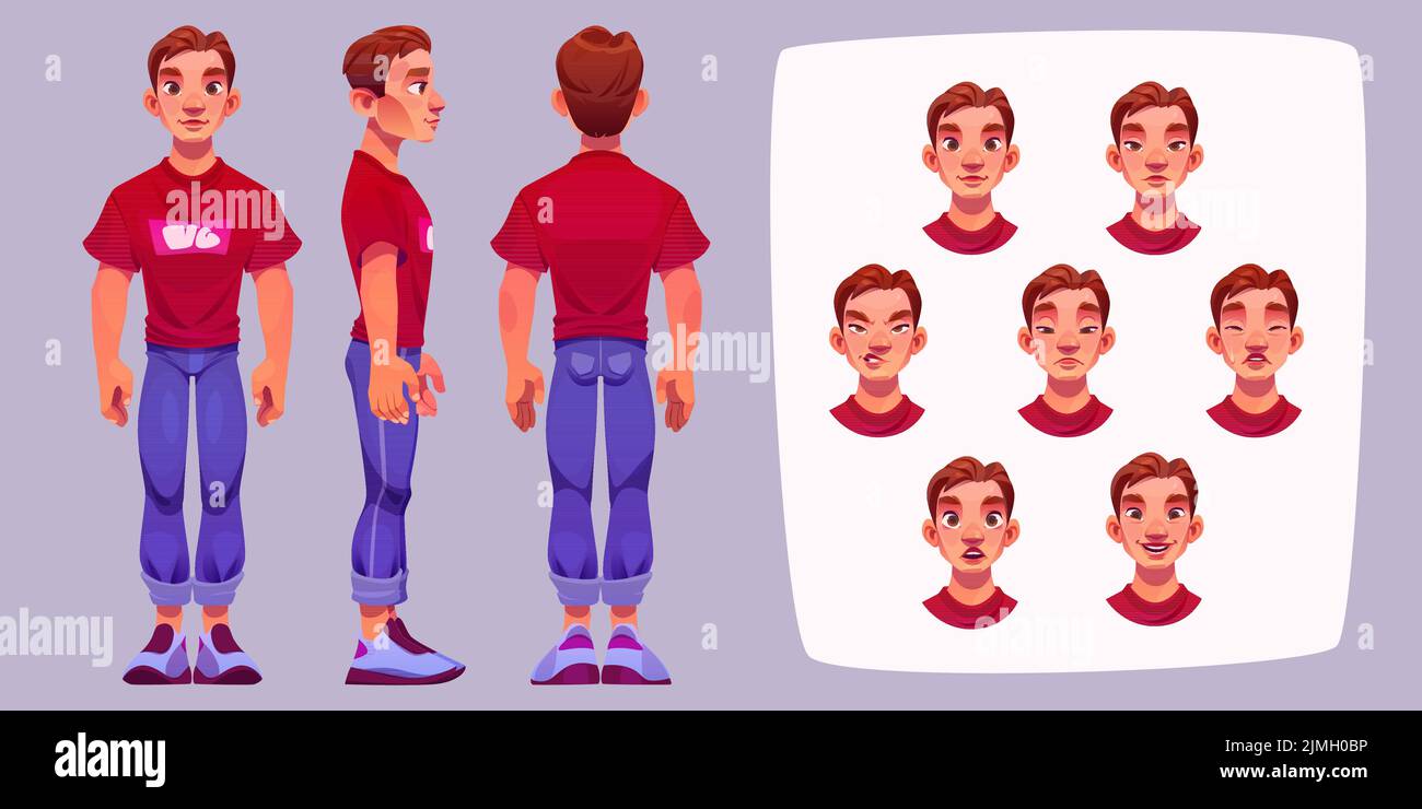 Standing man in front, side and back view and his face with different ...