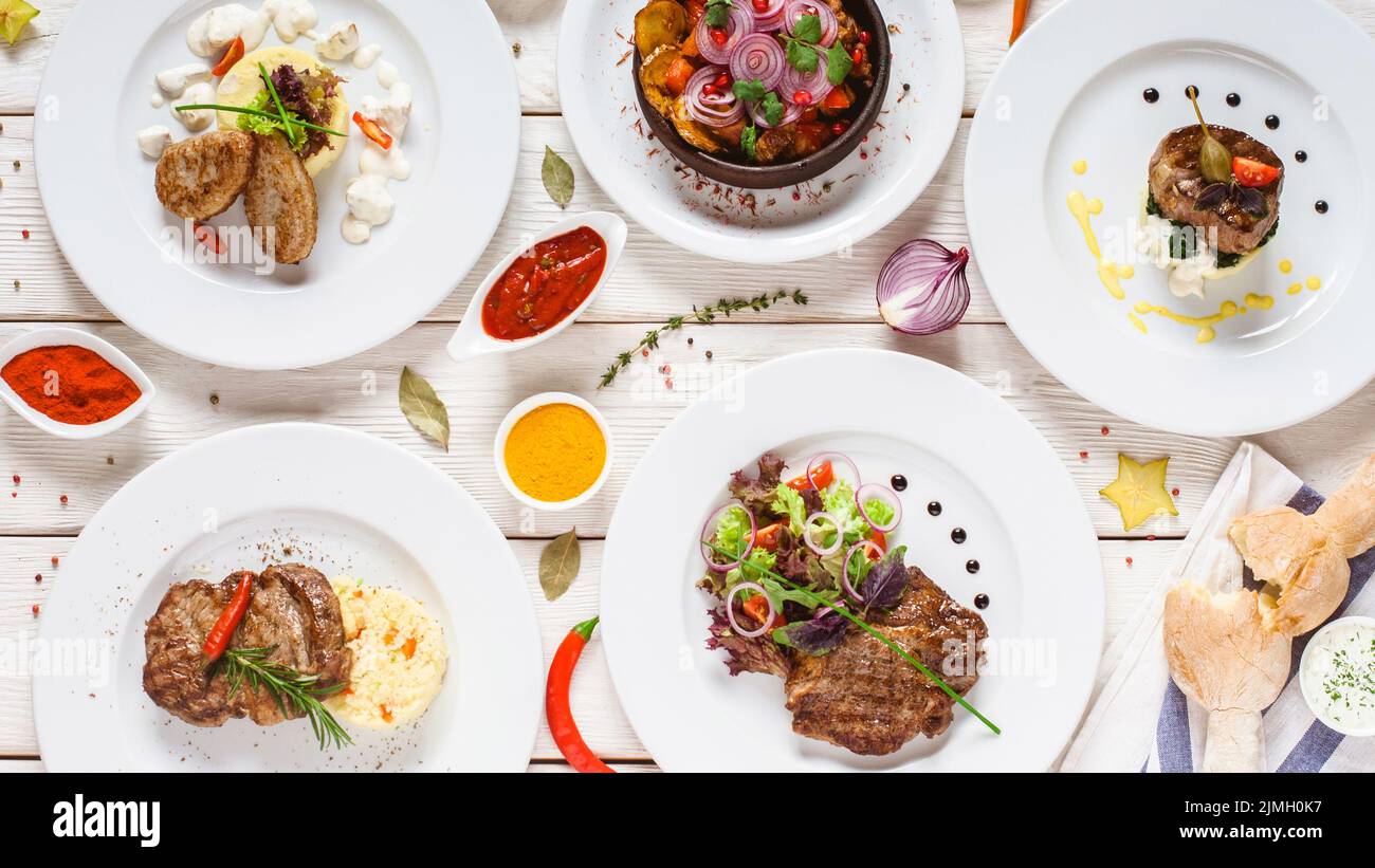 food top view buffet dish restaurant meal flat lay Stock Photo - Alamy