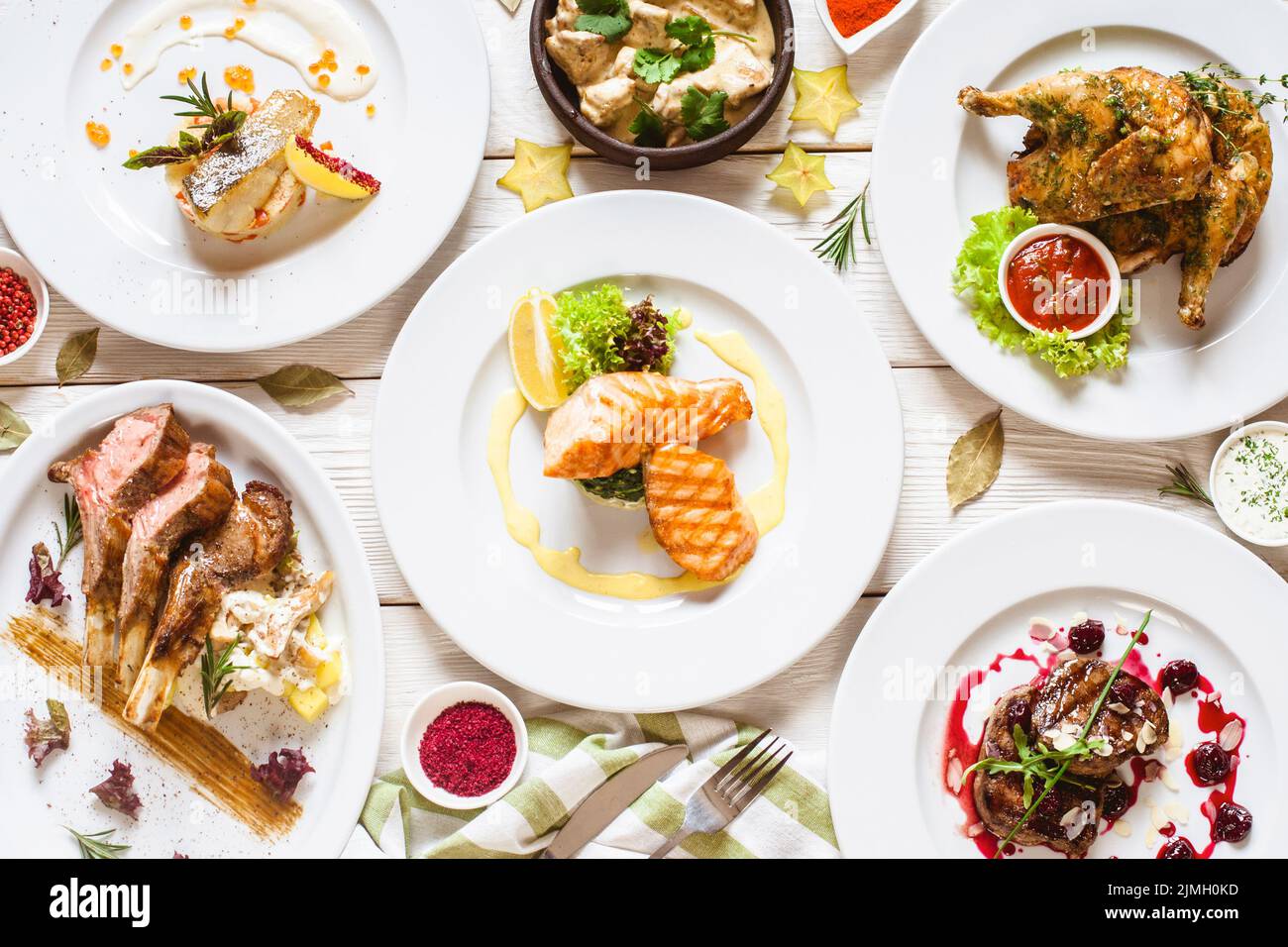 top view food assortment luxury buffet flat lay Stock Photo - Alamy