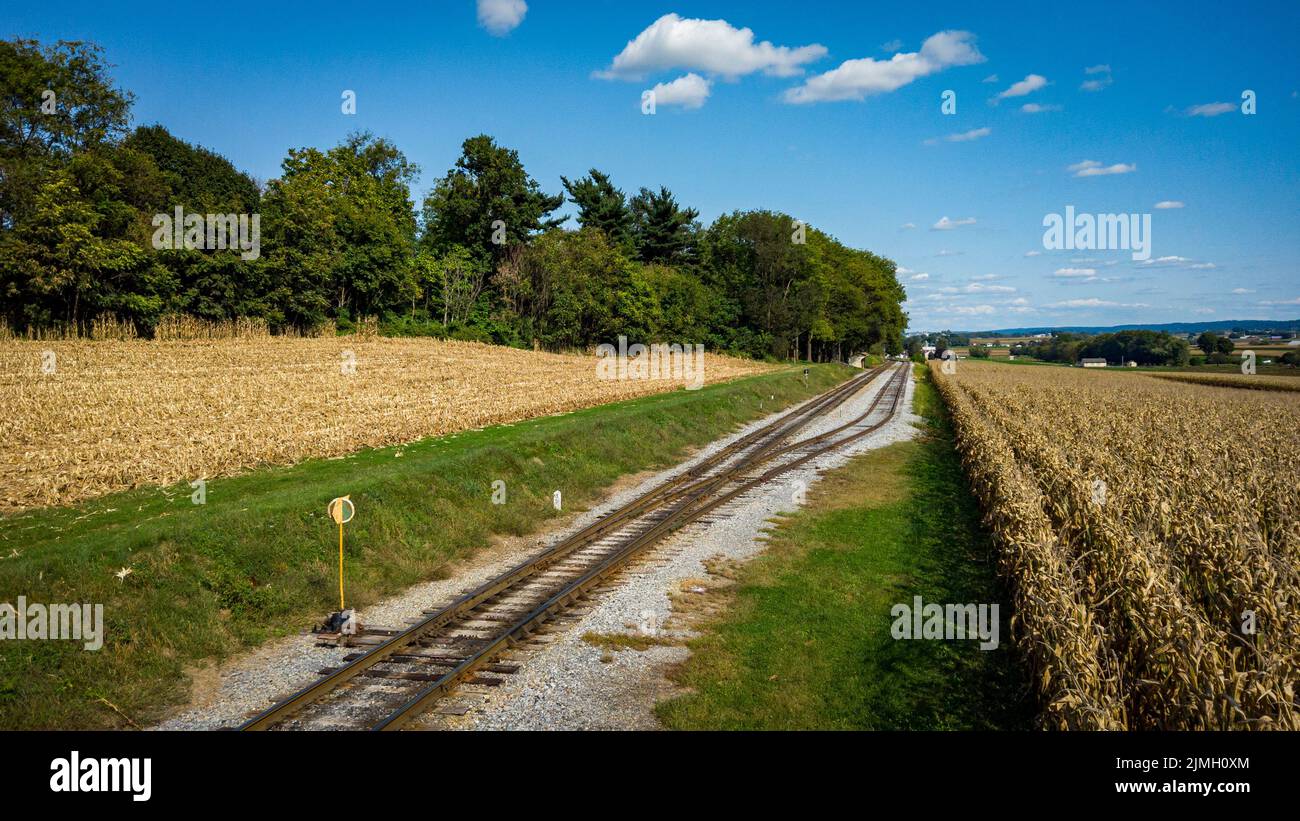 Elevated View of Rail Road Tracks Going thru Corn Fields Stock Photo ...