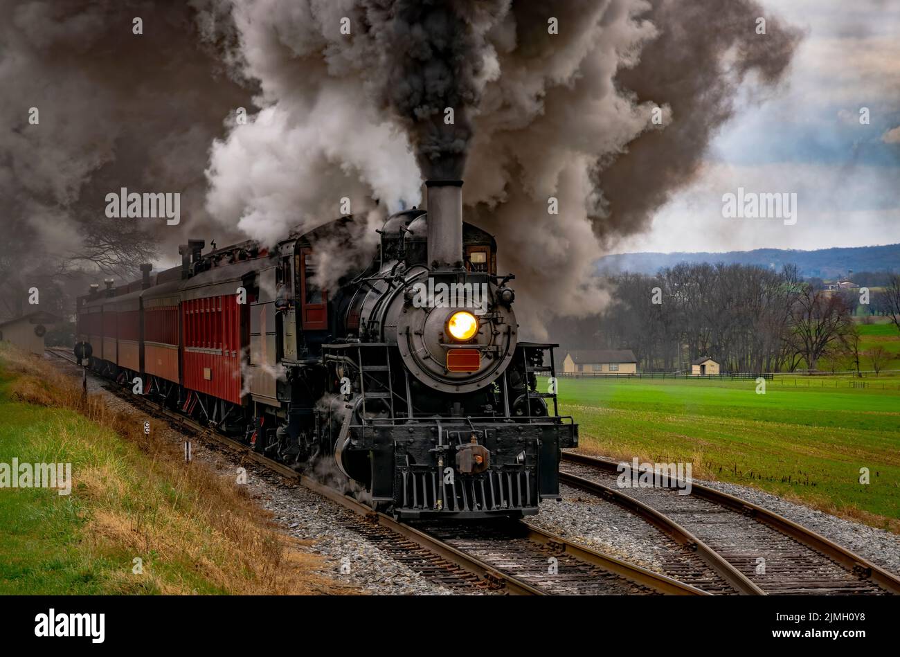 Antique Steam Passenger Train Traveling Thru Farmlands Puffing Lots of ...