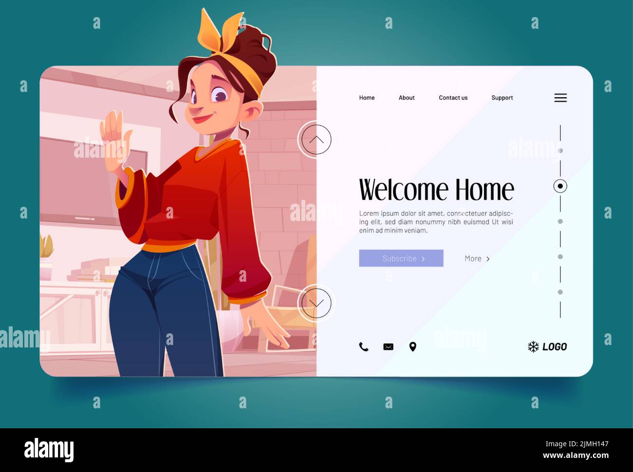 Welcome home banner with woman waving hand. Vector landing page with ...