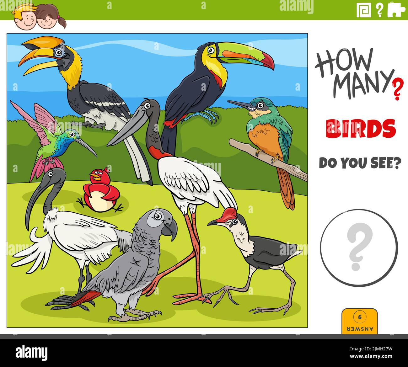 How many cartoon birds educational task for children Stock Photo - Alamy