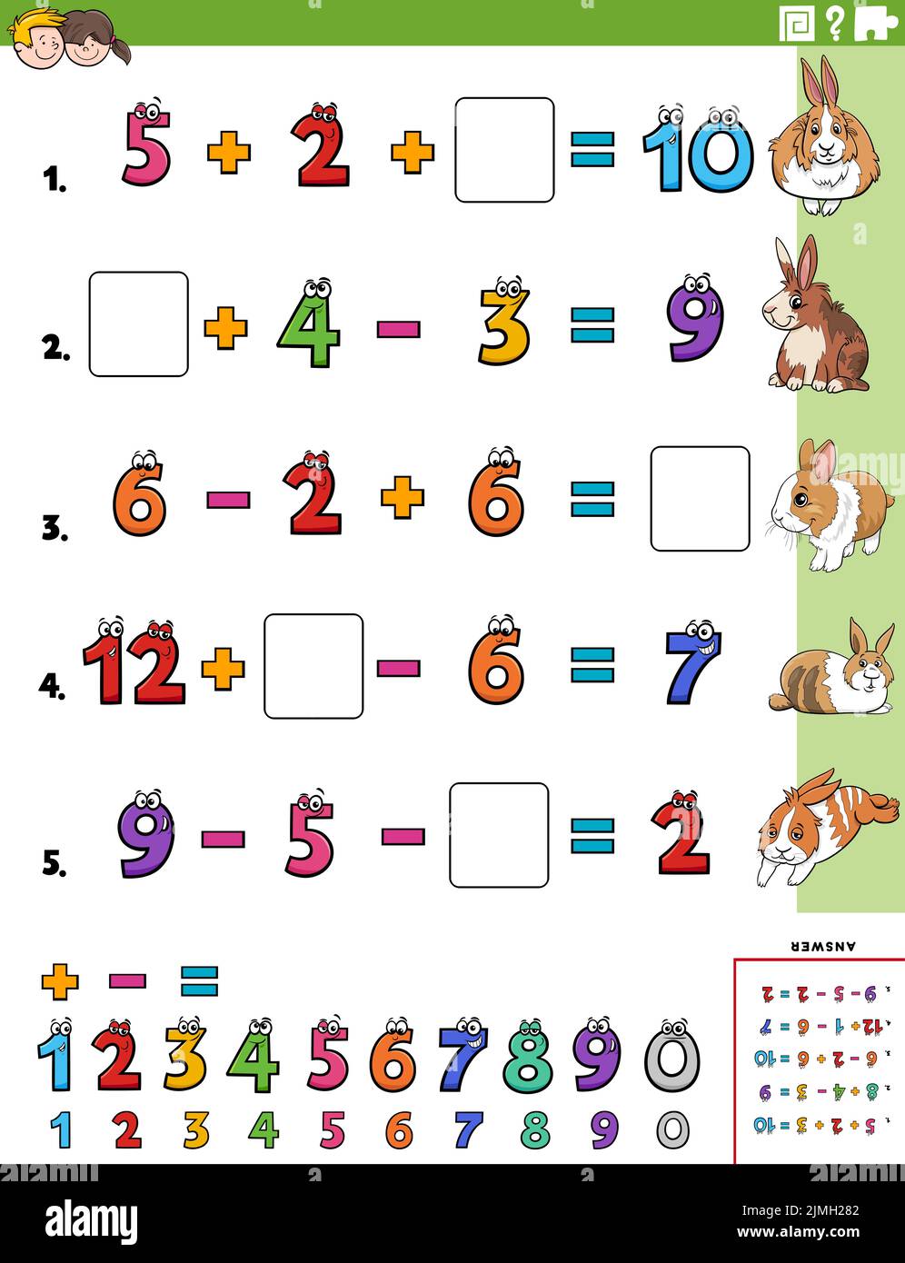 Math calculation educational task for children with cartoon rabbits ...