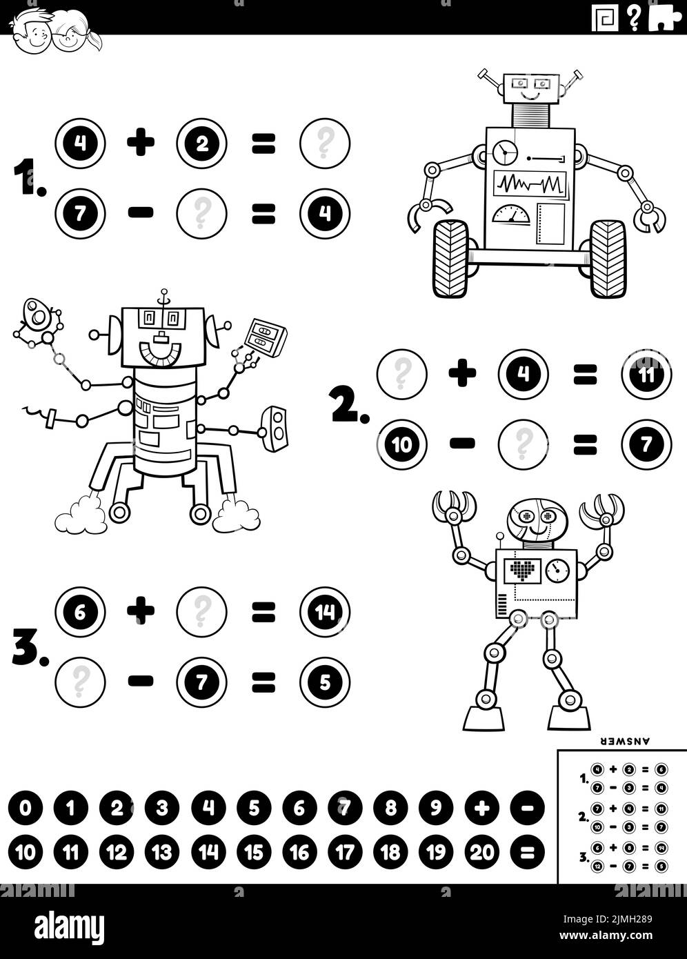 Math addition and subtraction task with robots coloring book page Stock ...