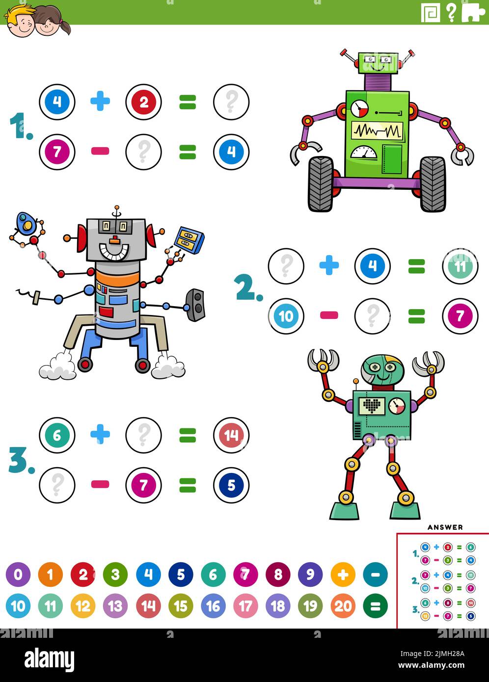 Math addition and subtraction task with cartoon robots Stock Photo - Alamy