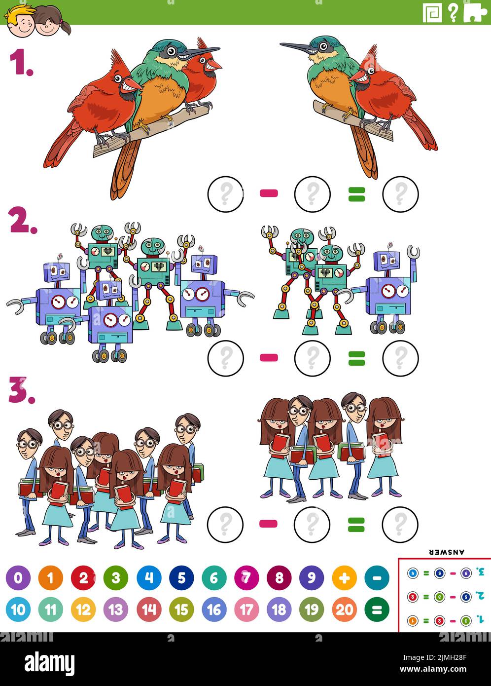 Subtraction educational task with cartoon characters Stock Photo - Alamy