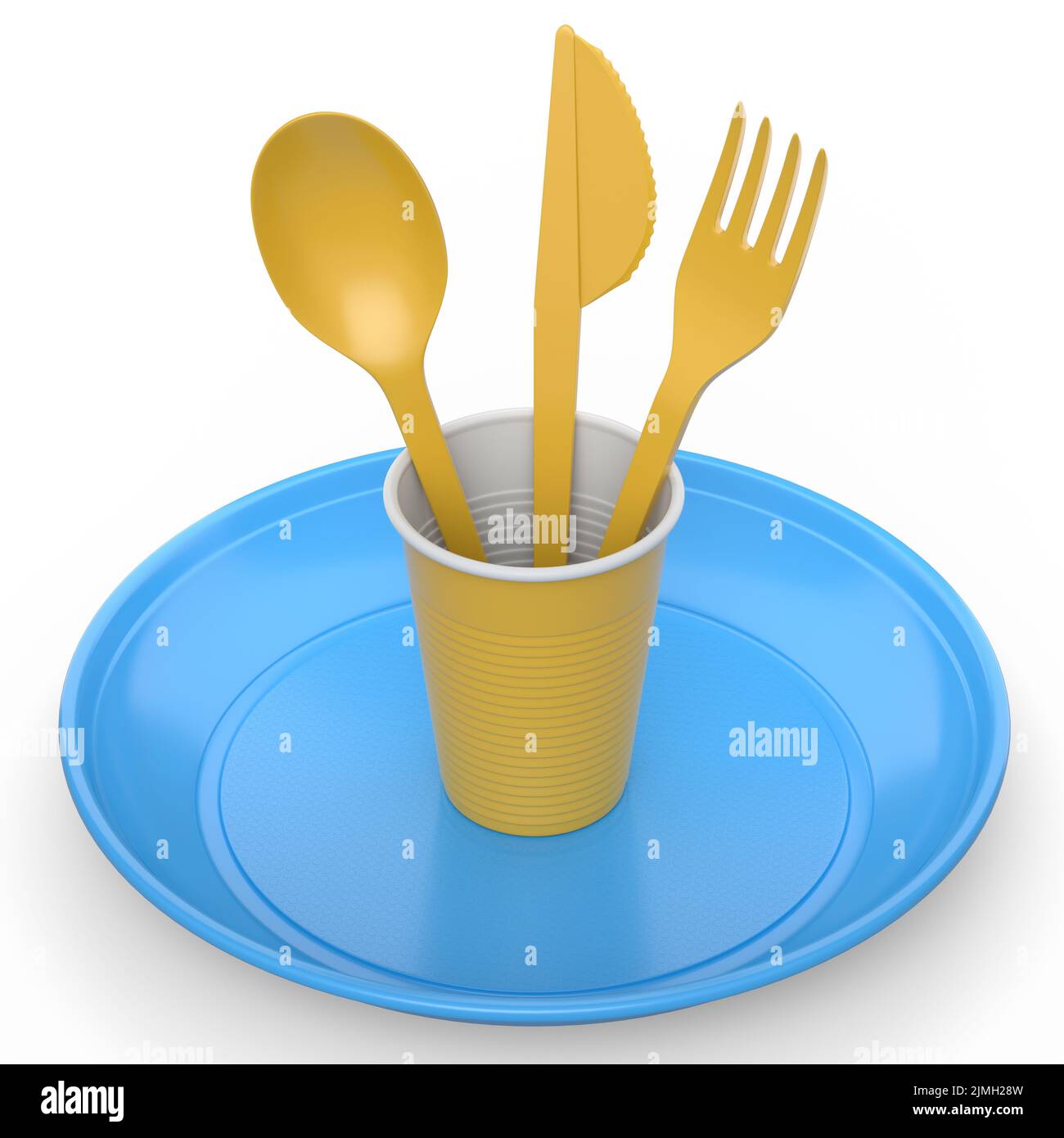 Set of disposable utensils like plate, folk, spoon,knife and cup on ...
