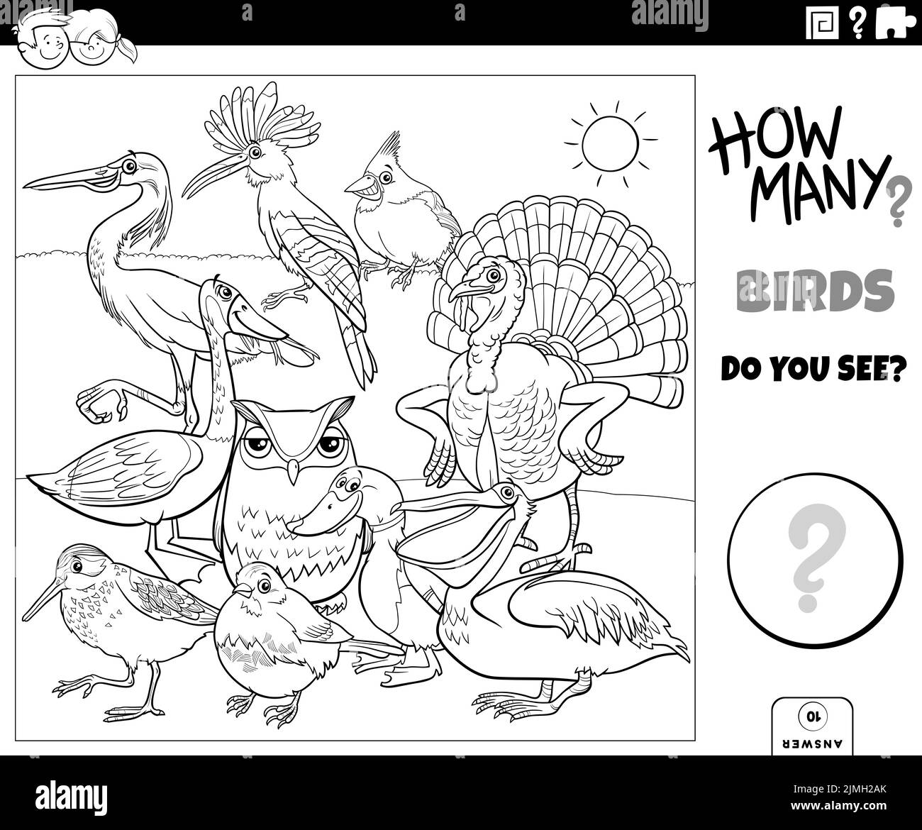 Counting cartoon birds educational game coloring book page Stock Photo ...
