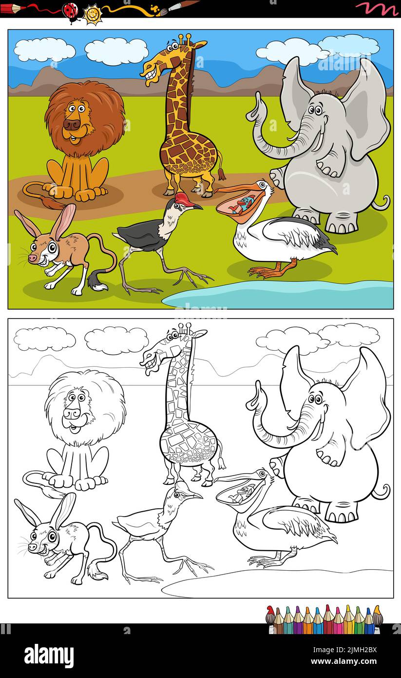 Cartoon animal characters group coloring book page Stock Photo - Alamy