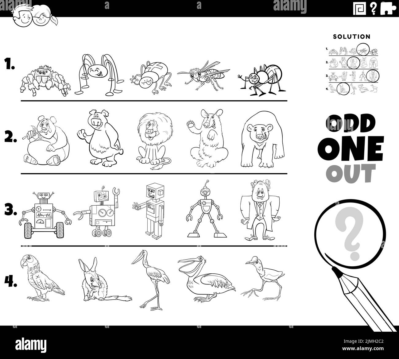 Odd one out game with cartoon characters coloring book page Stock Photo ...