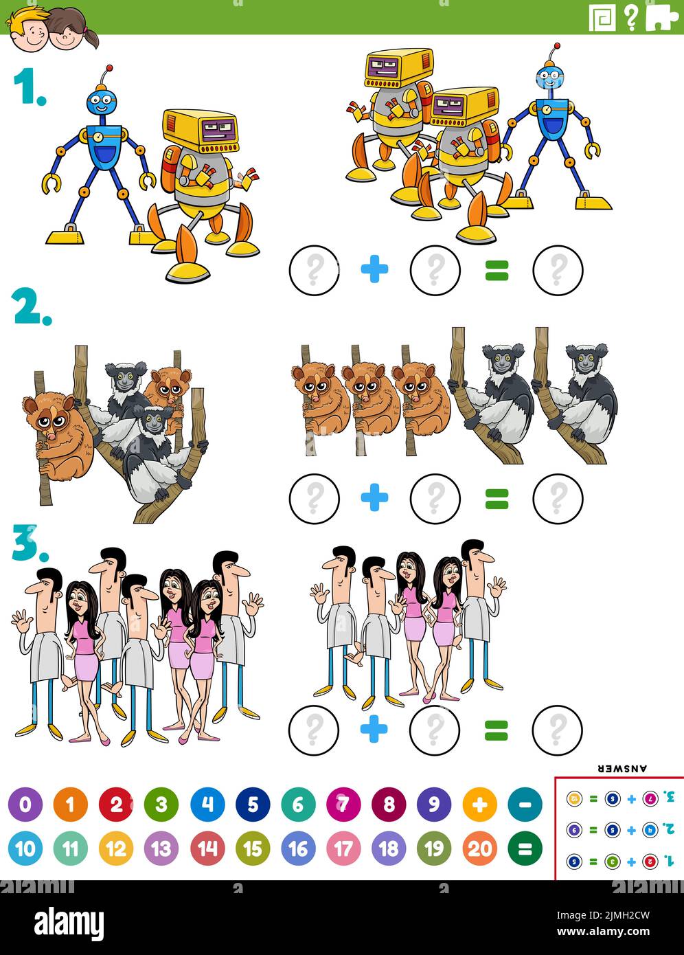 Math addition educational task with cartoon characters Stock Photo - Alamy