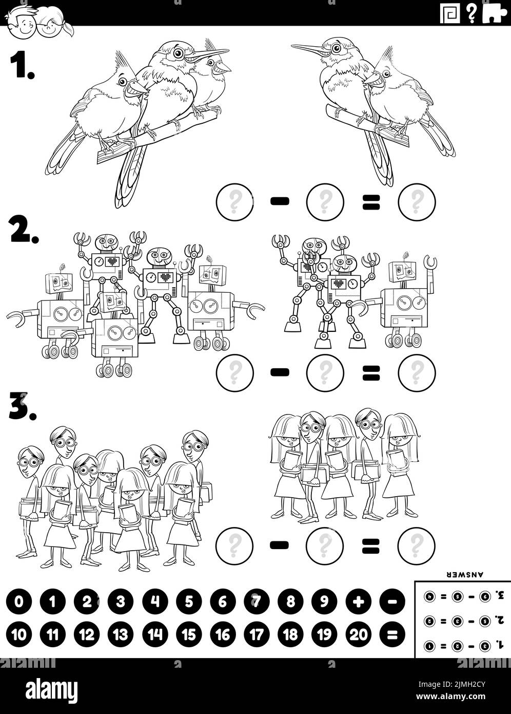 Subtraction task with cartoon characters coloring book page Stock Photo ...